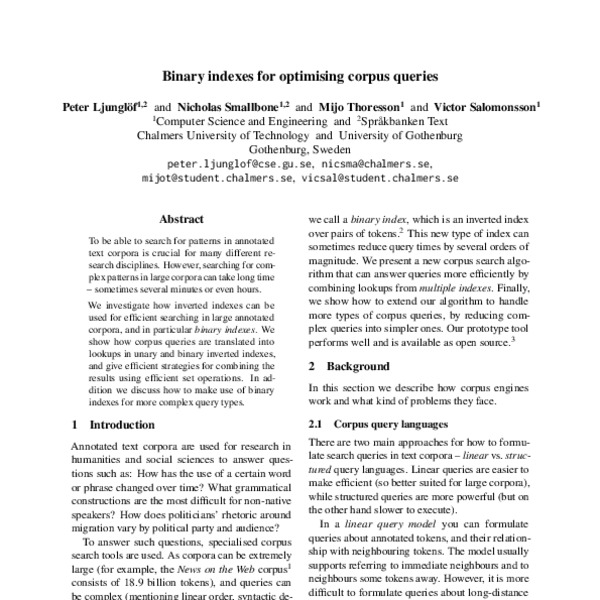 Binary Indexes For Optimising Corpus Queries Acl Anthology