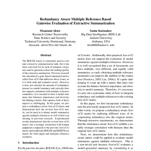 Redundancy Aware Multiple Reference Based Gainwise Evaluation of Extractive Summarization - ACL ...