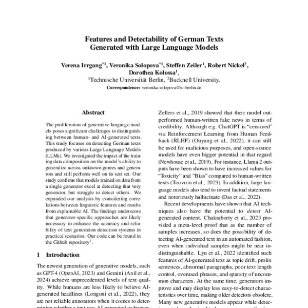 Features And Detectability Of German Texts Generated With Large Language Models Acl Anthology