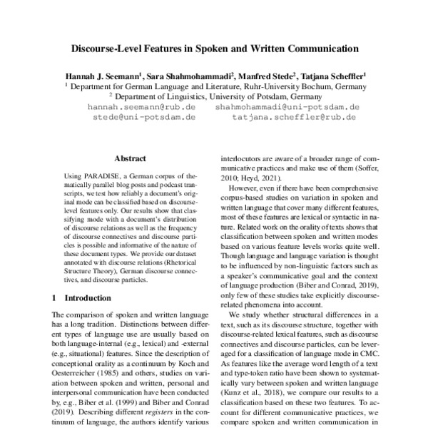 Discourse Level Features In Spoken And Written Communication Acl