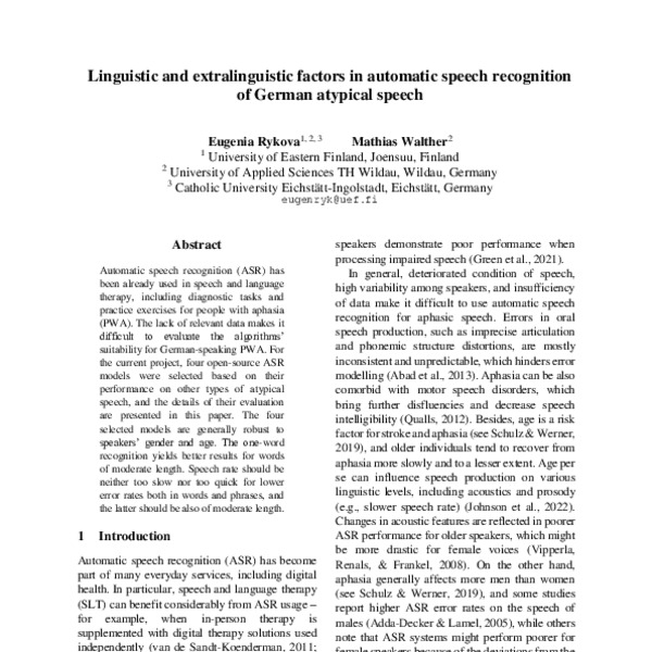 Linguistic and extralinguistic factors in automatic speech recognition of German atypical speech ...