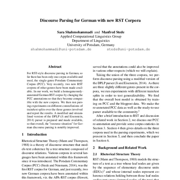 Discourse Parsing for German with new RST Corpora - ACL Anthology