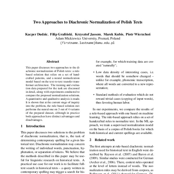 Two Approaches to Diachronic Normalization of Polish Texts - ACL Anthology