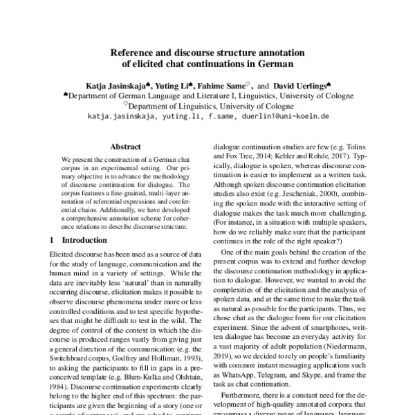 Reference And Discourse Structure Annotation Of Elicited Chat Continuations In German Acl