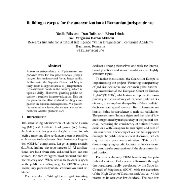Building a corpus for the anonymization of Romanian jurisprudence - ACL ...