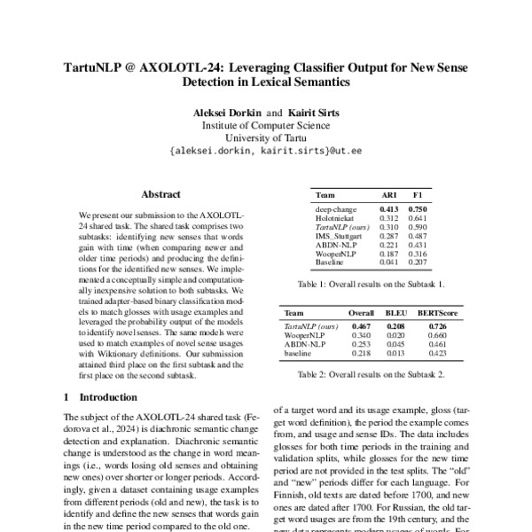 TartuNLP @ AXOLOTL-24: Leveraging Classifier Output for New Sense Detection in Lexical Semantics ...