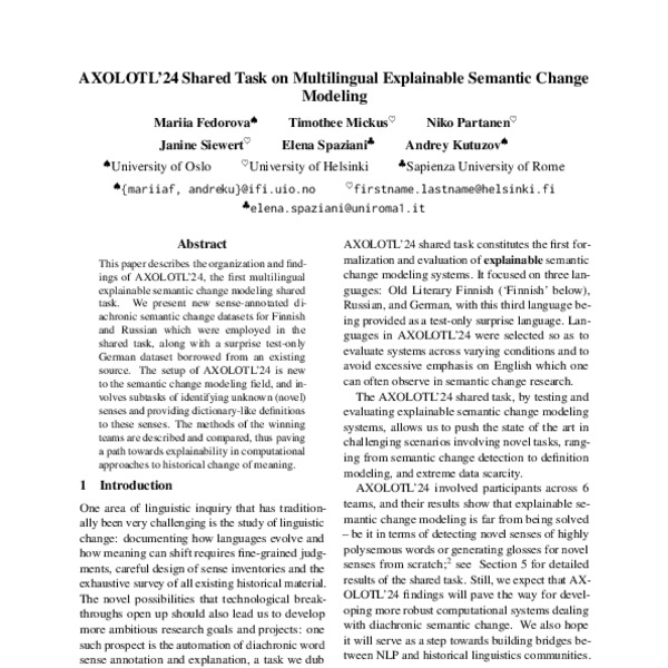 AXOLOTL’24 Shared Task on Multilingual Explainable Semantic Change Modeling - ACL Anthology