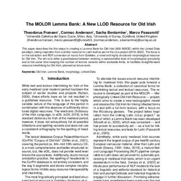 The MOLOR Lemma Bank: a New LLOD Resource for Old Irish - ACL Anthology