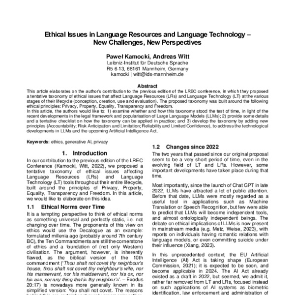 Ethical Issues in Language Resources and Language Technology – New Challenges, New Perspectives ...