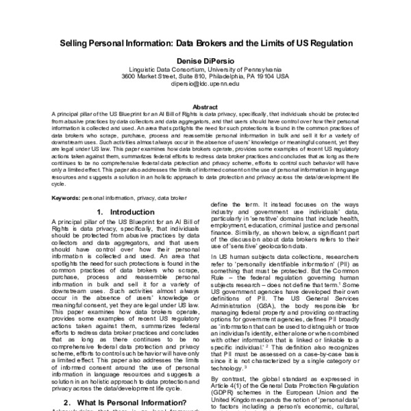 Selling Personal Information: Data Brokers and the Limits of US ...