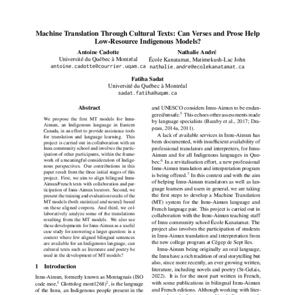 Machine Translation Through Cultural Texts: Can Verses and Prose Help Low-Resource Indigenous ...