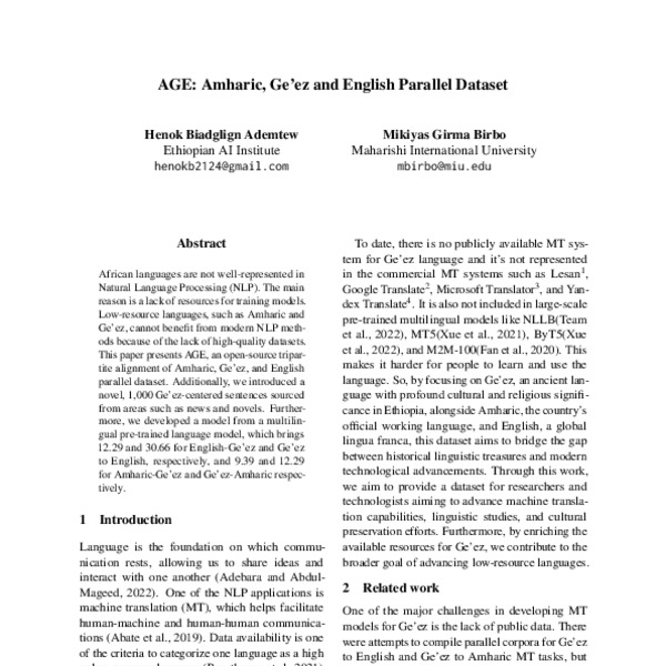 AGE: Amharic, Ge’ez and English Parallel Dataset - ACL Anthology
