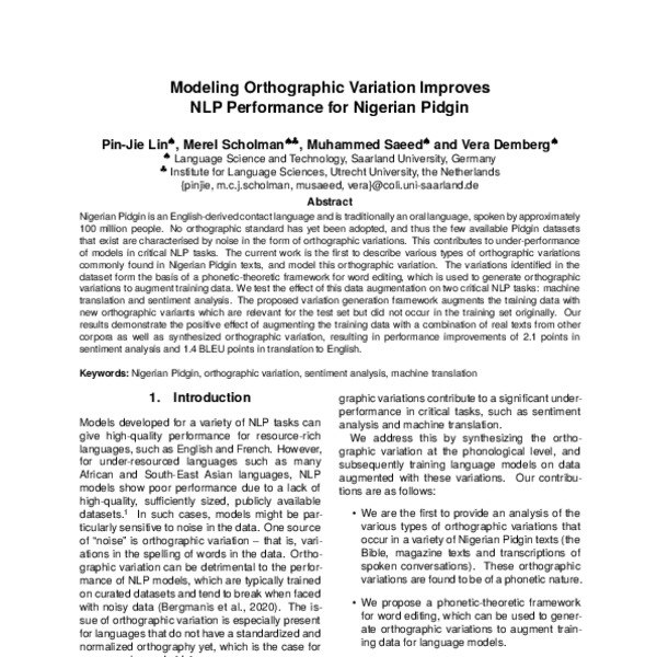Modeling Orthographic Variation Improves Nlp Performance For Nigerian Pidgin Acl Anthology