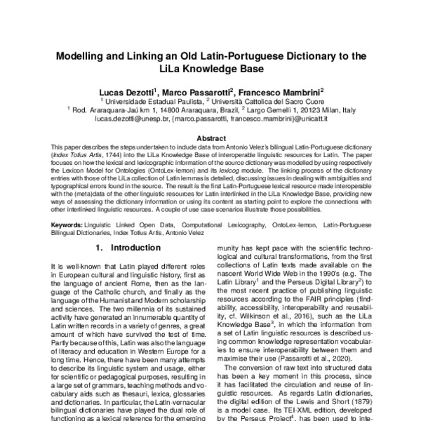 Modelling and Linking an Old Latin-Portuguese Dictionary to the LiLa ...