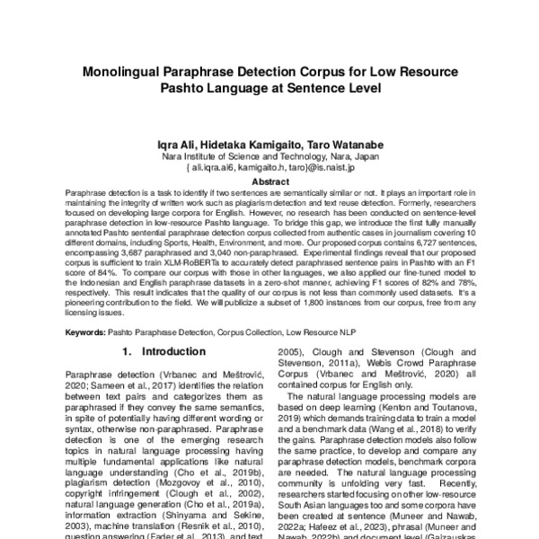 Monolingual Paraphrase Detection Corpus for Low Resource Pashto Language at Sentence Level - ACL ...