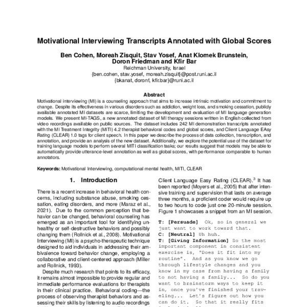Motivational Interviewing Transcripts Annotated with Global Scores ...