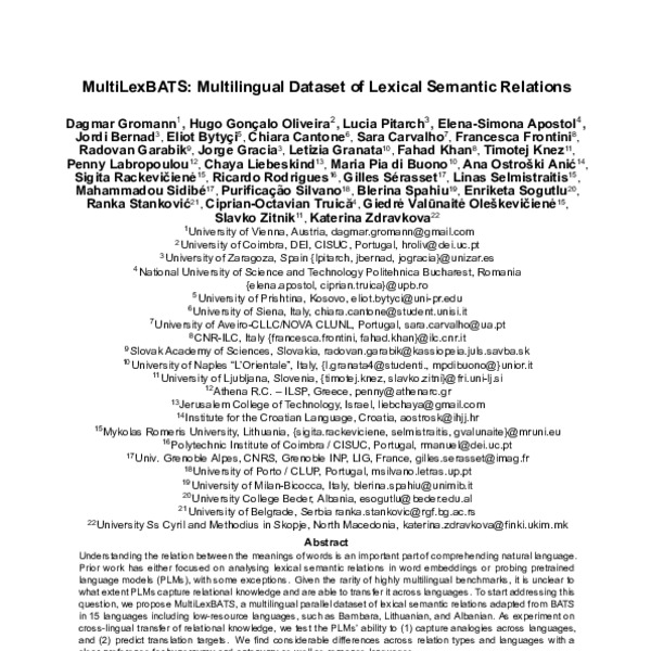 MultiLexBATS: Multilingual Dataset of Lexical Semantic Relations - ACL Anthology