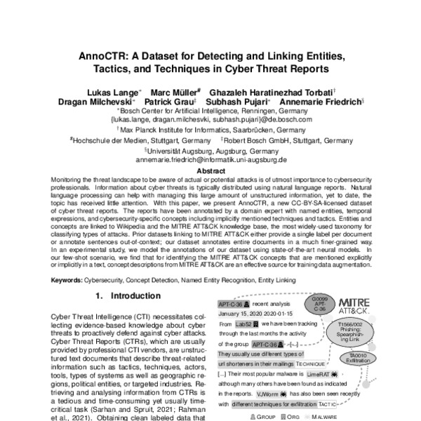 AnnoCTR: A Dataset for Detecting and Linking Entities, Tactics, and Techniques in Cyber Threat ...