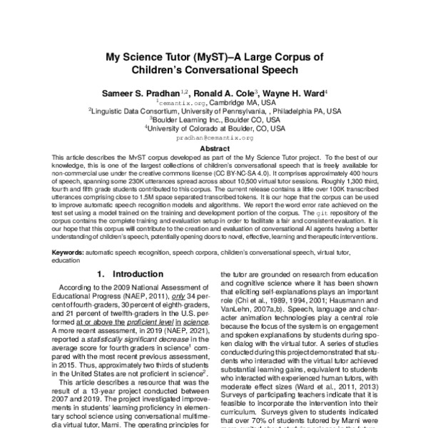 My Science Tutor (MyST)–a Large Corpus of Children’s Conversational ...