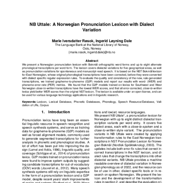 NB Uttale: A Norwegian Pronunciation Lexicon with Dialect Variation - ACL Anthology