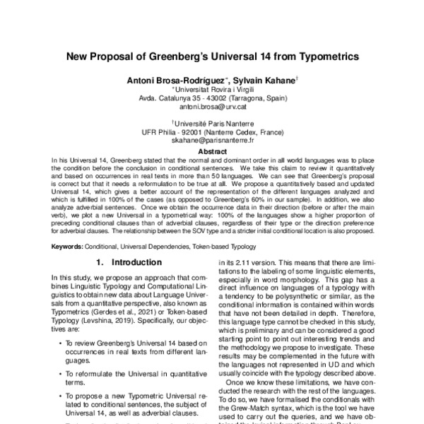New Proposal of Greenberg’s Universal 14 from Typometrics - ACL Anthology