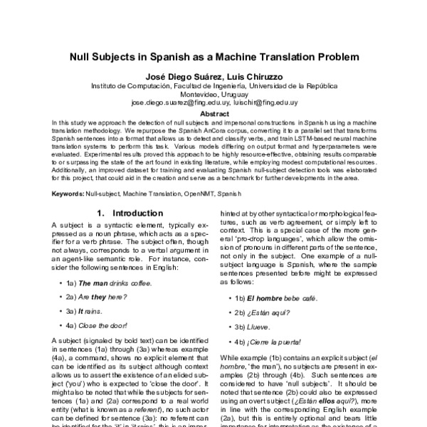 Null Subjects in Spanish as a Machine Translation Problem - ACL Anthology