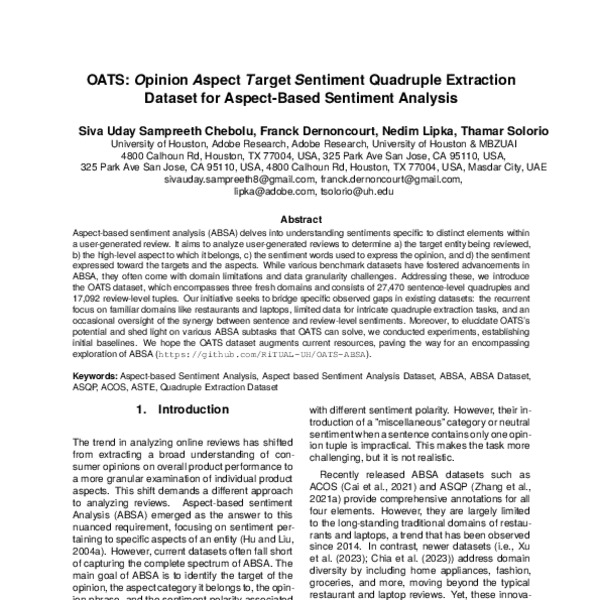 OATS: A Challenge Dataset for Opinion Aspect Target Sentiment Joint Detection for Aspect-Based ...