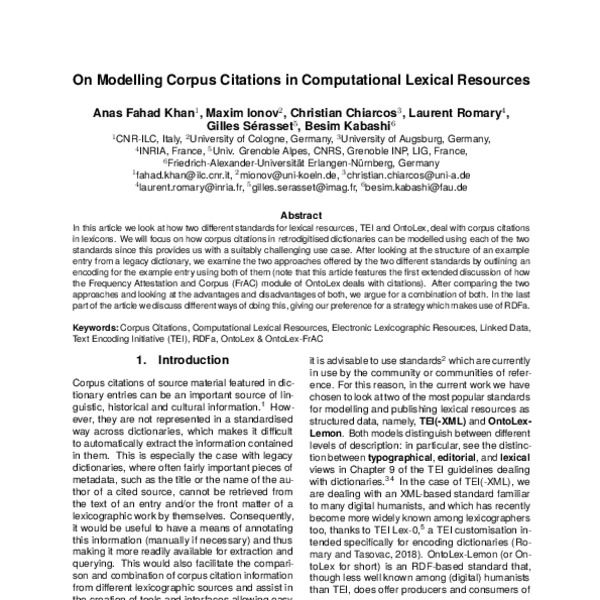 On Modelling Corpus Citations in Computational Lexical Resources - ACL Anthology