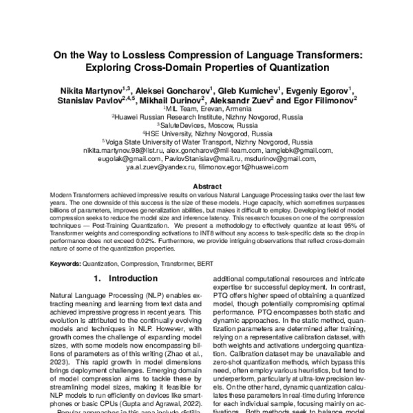 On the Way to Lossless Compression of Language Transformers: Exploring Cross-Domain Properties ...