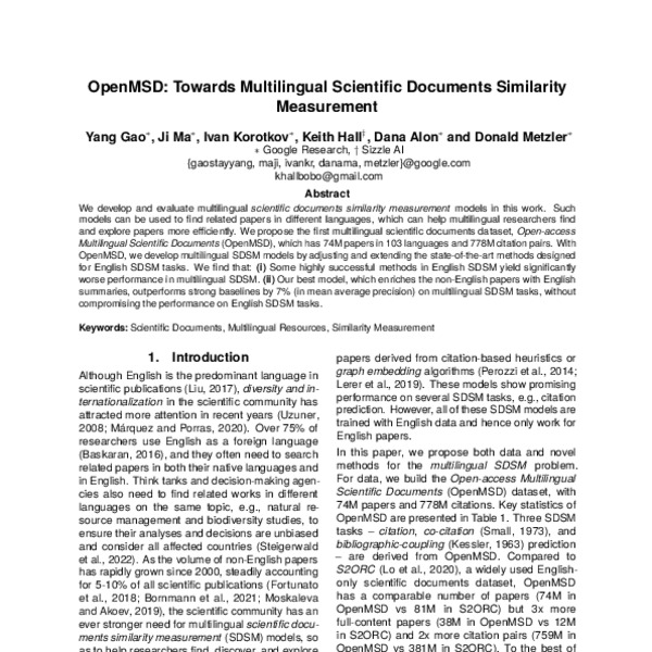 OpenMSD: Towards Multilingual Scientific Documents Similarity Measurement - ACL Anthology
