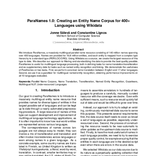 ParaNames 1.0: Creating an Entity Name Corpus for 400+ Languages Using Wikidata - ACL Anthology
