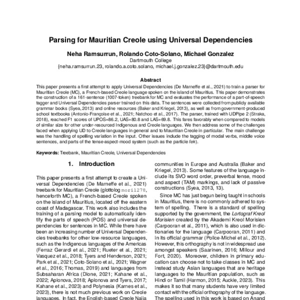 Parsing for Mauritian Creole Using Universal Dependencies - ACL Anthology