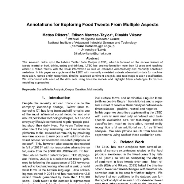 Annotations for Exploring Food Tweets from Multiple Aspects - ACL Anthology