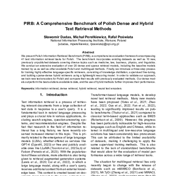 Pirb A Comprehensive Benchmark Of Polish Dense And Hybrid Text Retrieval Methods Acl Anthology