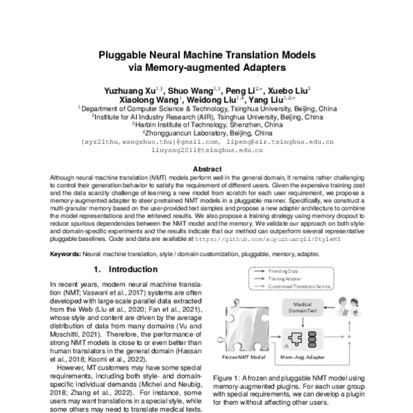Pluggable Neural Machine Translation Models Via Memory Augmented
