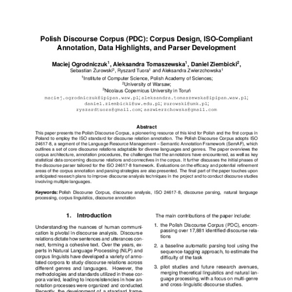 Polish Discourse Corpus (PDC): Corpus Design, ISO-Compliant Annotation, Data Highlights, and ...