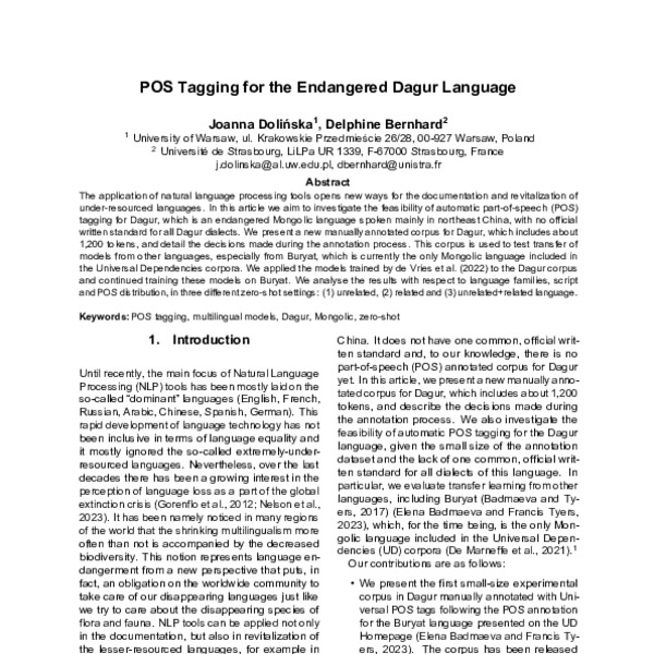 POS Tagging for the Endangered Dagur Language - ACL Anthology