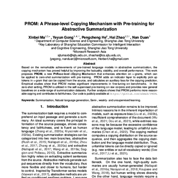PROM: A Phrase-level Copying Mechanism with Pre-training for Abstractive Summarization - ACL ...