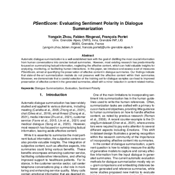 PSentScore: Evaluating Sentiment Polarity in Dialogue Summarization - ACL Anthology