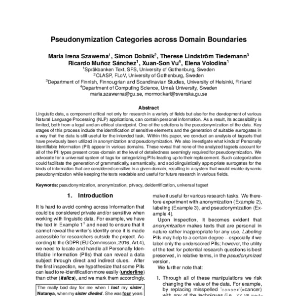 Pseudonymization Categories Across Domain Boundaries Acl Anthology 8024