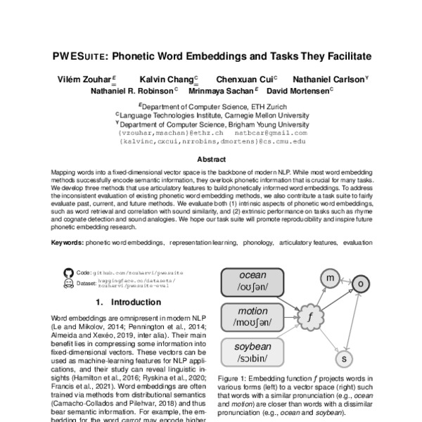 PWESuite: Phonetic Word Embeddings and Tasks They Facilitate - ACL Anthology
