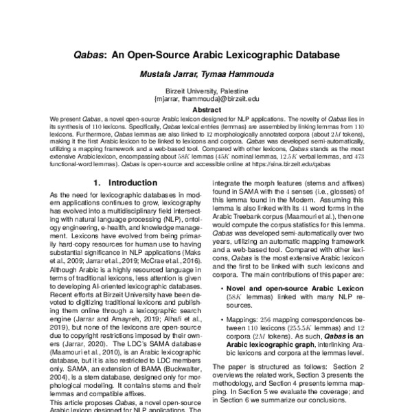 Qabas: An Open-Source Arabic Lexicographic Database - ACL Anthology