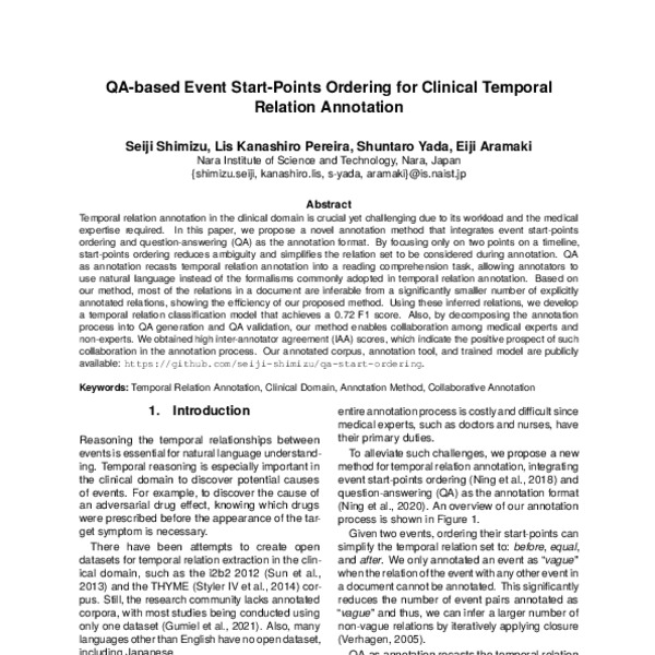 Qa Based Event Start Points Ordering For Clinical Temporal Relation Annotation Acl Anthology