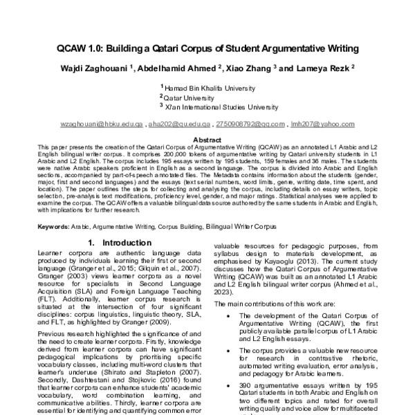 QCAW 1.0: Building a Qatari Corpus of Student Argumentative Writing ...