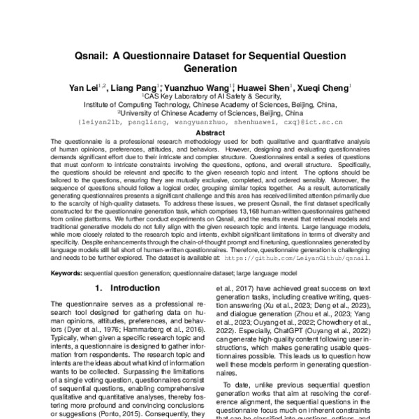 Qsnail: A Questionnaire Dataset for Sequential Question Generation - ACL Anthology