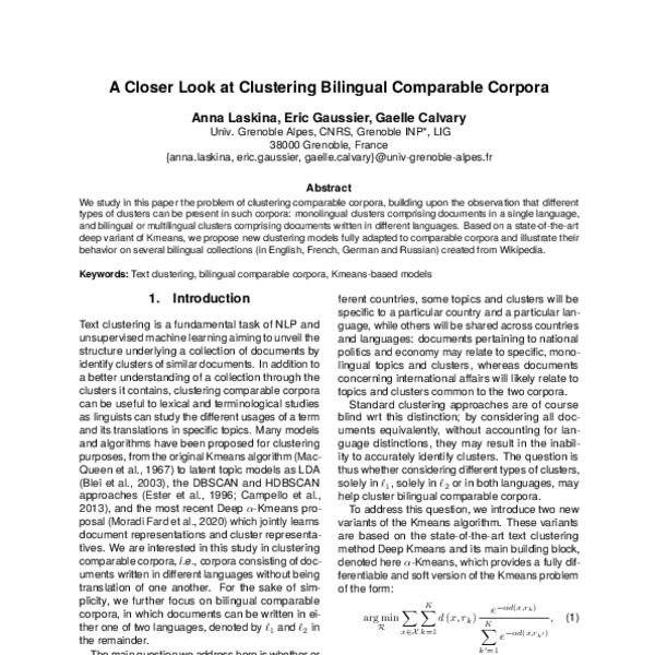 A Closer Look at Clustering Bilingual Comparable Corpora - ACL Anthology