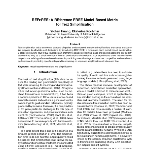 REFeREE: A REference-FREE Model-Based Metric for Text Simplification - ACL Anthology