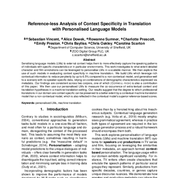 Reference Less Analysis Of Context Specificity In Translation With Personalised Language Models