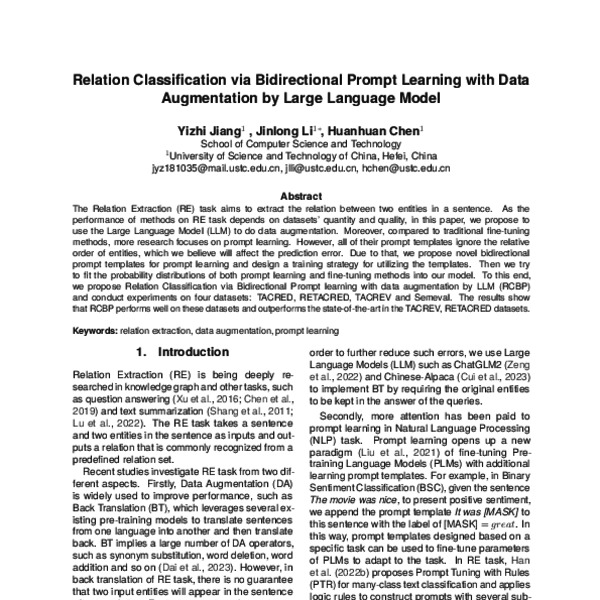 Relation Classification Via Bidirectional Prompt Learning With Data Augmentation By Large