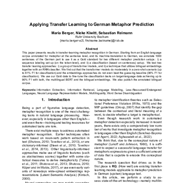Applying Transfer Learning to German Metaphor Prediction - ACL Anthology